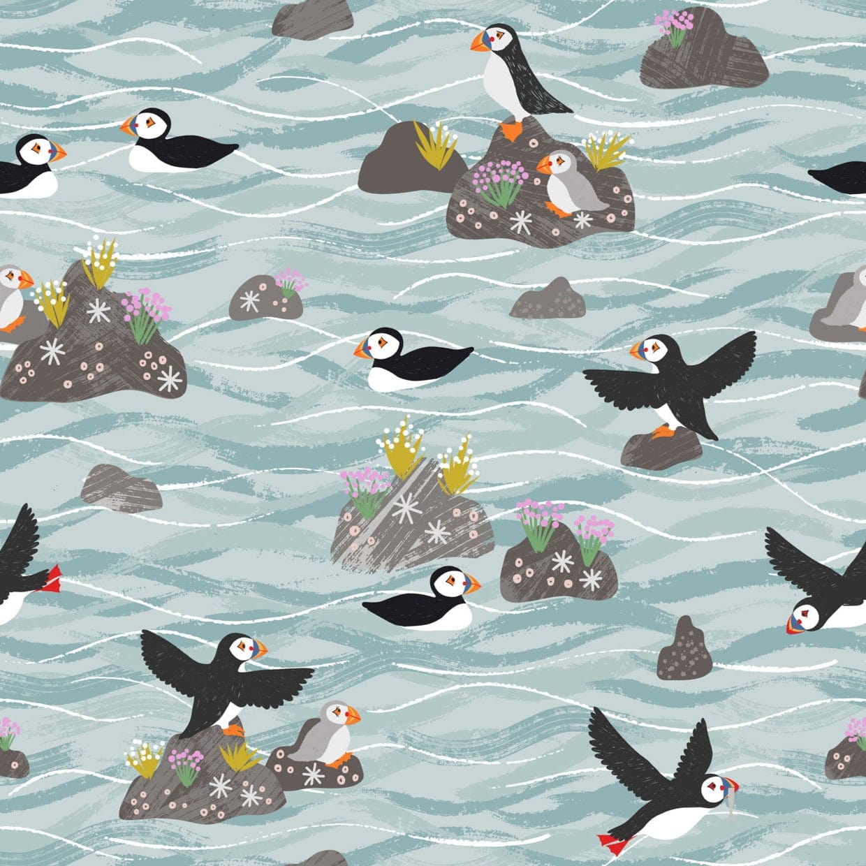 Puffins in Blue - Puffin Bay - Lewis & Irene – Fiddlehead Artisan Supply